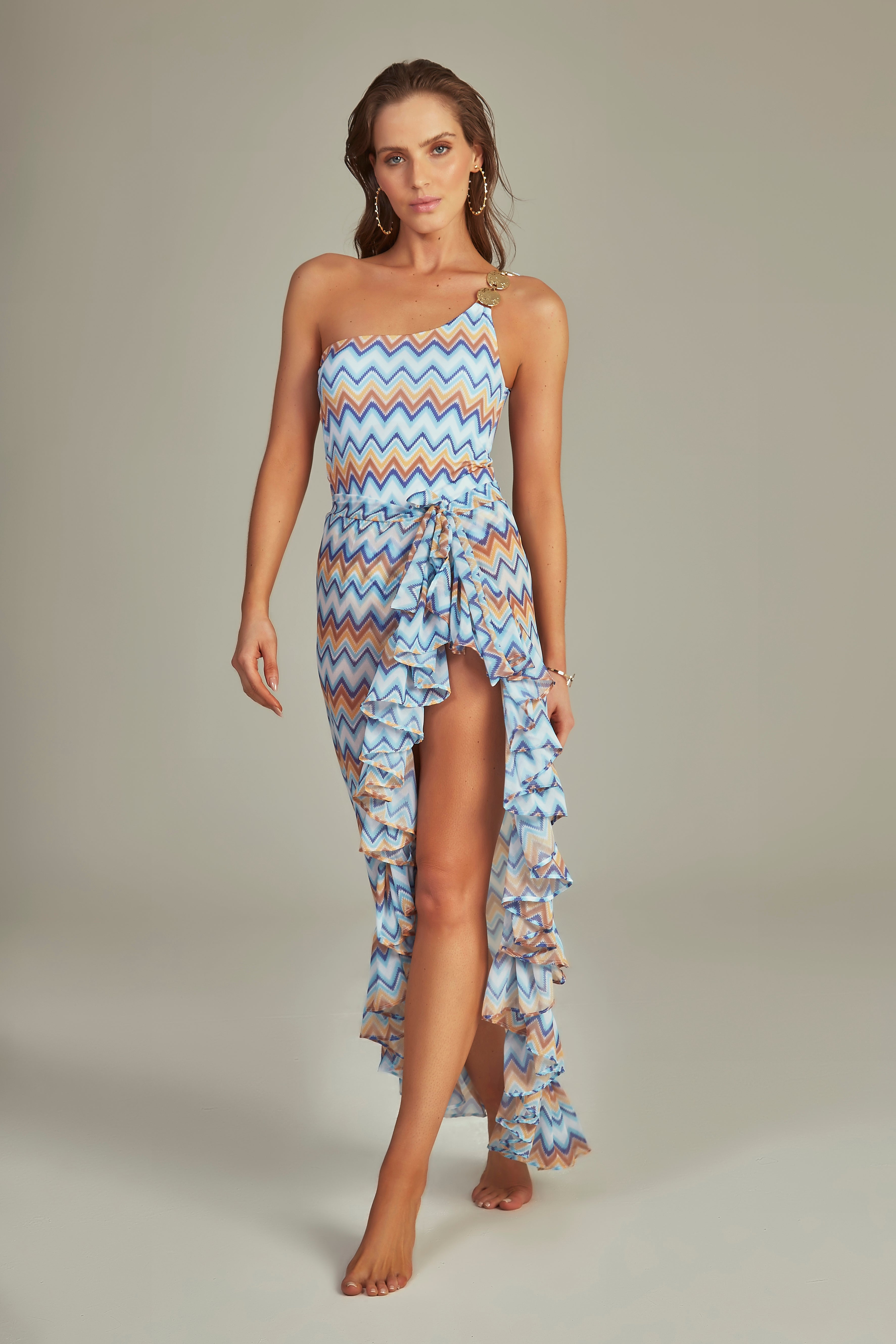 Saia Ruffle Estampa Chevron Azul - Empress Brasil Moda Praia de Luxo ...